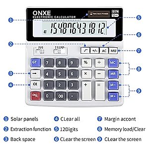 Calculator,ONXE Standard Basic 4 Function Desk Calculator, Dual Power, Big Button 12 Digit Large LCD Display,Desktop Calculators for Office School Financial Accounting Business (White)