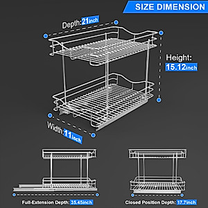 Fulgente Chrome Finish Pull Out Drawer Cabinet Organizer, Professional Wire Frame 2 Tier Heavy Duty Slide Out Kitchen Cabinet Storage Shelves, Sliding Pantry Shelf Bathroom 11"W x 21"D x 15.12''H