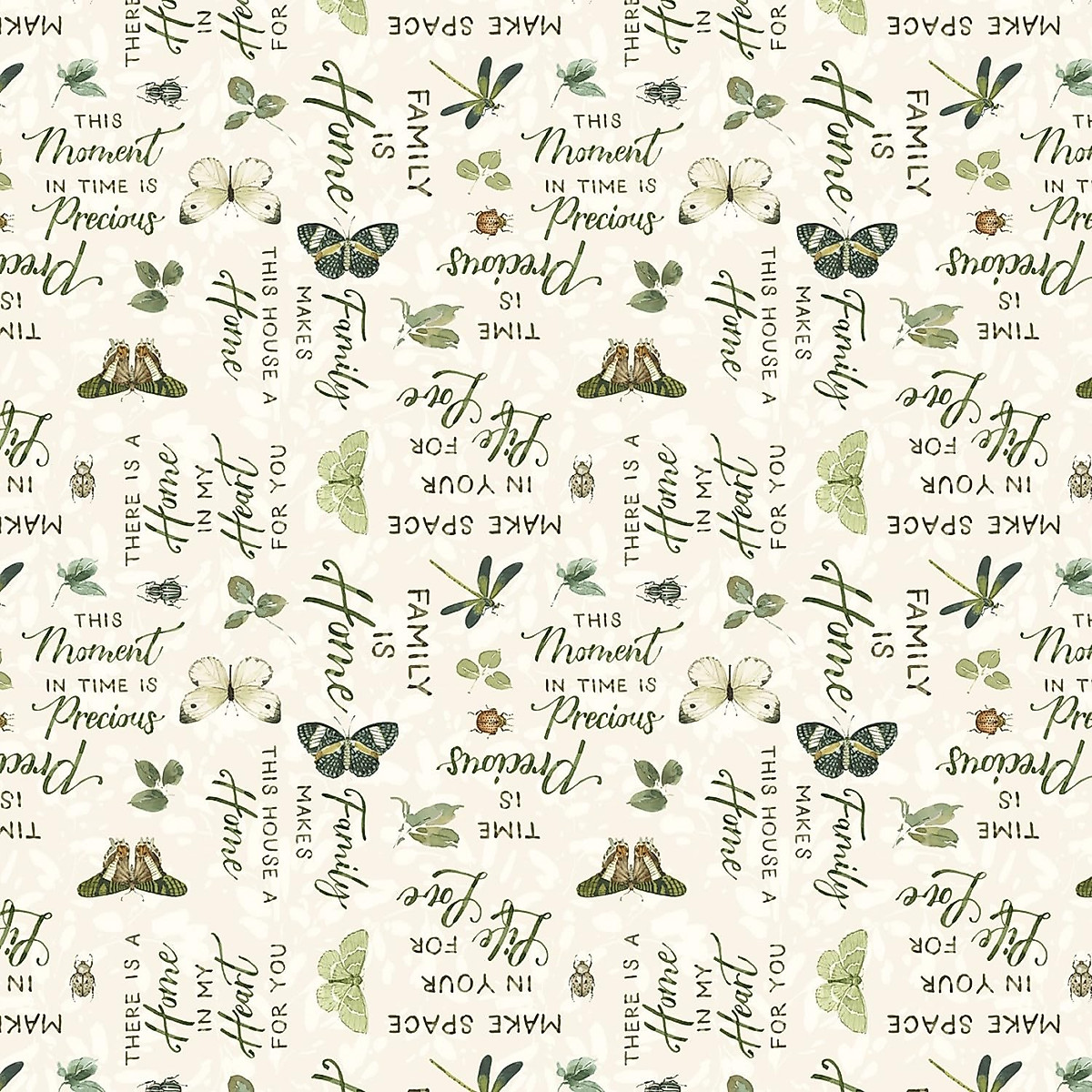 Uplifting Words, Green, Butterflies, Clover, on Creamy White, Green Fields, Wilmington Prints, 17805-172, by The Yard