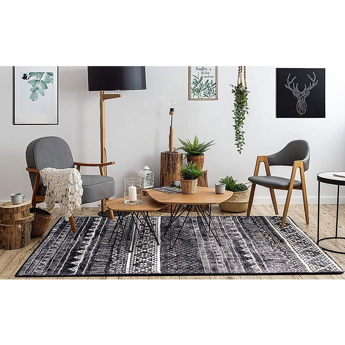Calore Modern Faux Wool Area Rug Large Non-Slip Washable Living Room Rug Boho Neutral Indoor Carpet for Bedroom Dining Room (Black and White, 6.7'x8.2')