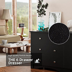 Flamaker 6 Drawer Dresser Chests for Bedroom, Storage Dressers Organizer with Anti-Tilt Devices, Modern Wide Wood Chest of Drawers for Living Room Hallway Entryway (Black)