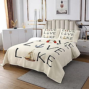 Lake House Quilt Set Twin Size, Nautical Anchor Bedspread Set For Kids Boys Teens Adult, Retro Sailboat Coverlet Set Lakehouse Rustic Beding Set Spring Summer Home Decoration With 1 Pillow Case