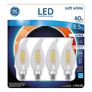 GE Candelabra LED Light Bulb 3.5-Watt Dimmable 2700K Soft White 40-Watt Equivalent 300-Lumens Chandelier Long-Life Low-Energy Decorative Clear Finish 4-Pack