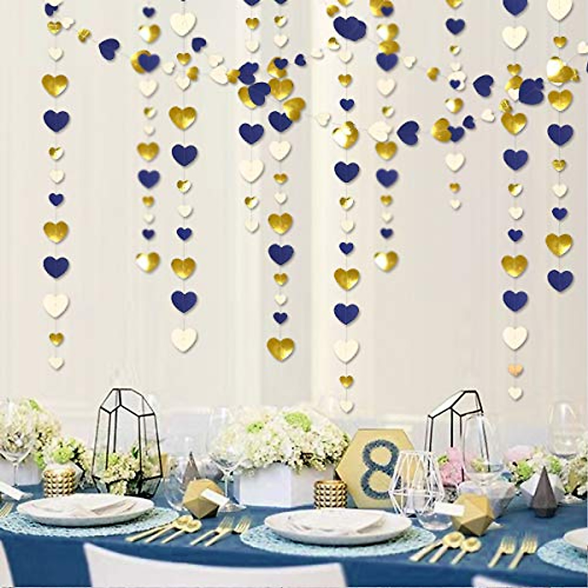 52Ft Navy Blue Gold Love Heart Garland Royal Blue Gold Hanging Streamer Banner for Anniversary Mother's Day Valentines Day Bachelorette Engagement Wedding Bridal Baby Shower Birthday Party Decorations
