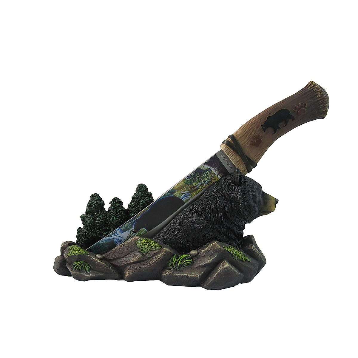 'Blade of the Bear' Rustic Black Bear Decorated Fixed Knife and Holder Set - Intricate Metal Detailing - Majestic Rustic Cabin Decor - 9.75 Inches Long