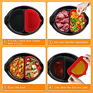 Slow Cooker Liners, Silicone Crock-Pot Liners Fit 6 QT Pot, Reusable/Leakproof/Silicone Divider Insert, Dishwasher Safe Liners for 6 Quart Oval Slow Cookers(Red+Black）
