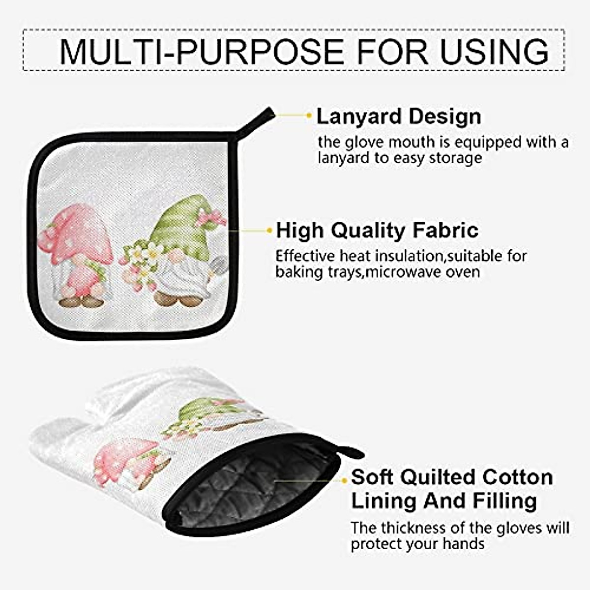 Strawberry Gnomes Oven Mitts Pot Holder Set Hello Spring Kitchen Decor Cooking Stove Gloves Heat Resistant Hot Pads Recycled for BBQ Baking Grilling