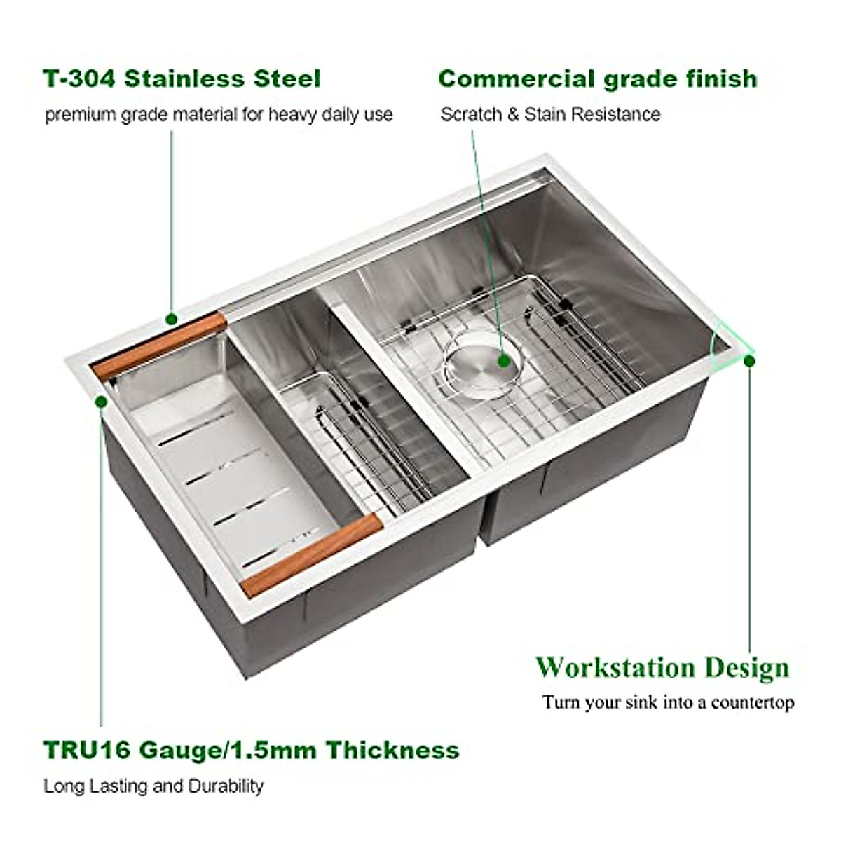 30 Kitchen Sink Double Bowl - Sarlai 30 x 19 inch Undermount Sink Stainless Steel 16 Gauge Two Basin Low Divider 50/50 Under Counter Deep Kitchen Sinks with Accessories