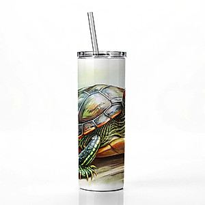 Red Eared Slider Turtle Watercolor Skinny Tumbler 20oz with Straw Insulated Water Bottle Gift