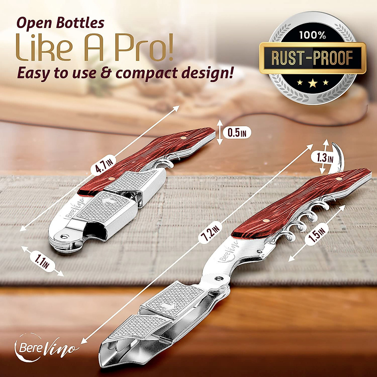Bere Vino Professional Wine Opener with Foil Cutter | Manual Waiter Corkscrew, Wine Key for Servers and Bartenders | Stainless Steel Rosewood Wine Bottle Opener with Can/Bottle Opener for Home