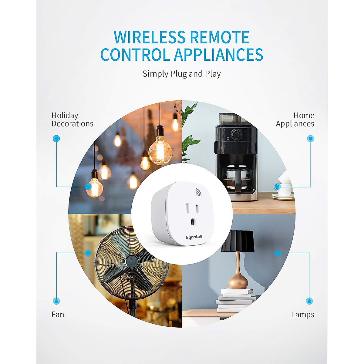 Syantek Remote Control Outlet Wireless Light Switch for Household Appliances, Expandable Remote Light Switch Kit, Up to 100 ft Range, FCC Certified, ETL Listed, White (5 Outlets + 2 Remotes)