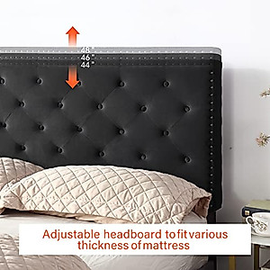 King Upholstered Platform Bed Frame with 48" Tall Adjustable Headboard - Button Tufted Suede Velour Bed- Wood Slat Support with Storage Space- No Box Spring Needed - Black - OLIVER & SMITH - Princeton
