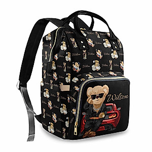 Custom Bear Diaper Bag Backpack for Baby Boy, Personalized Name Cute Large Nappy Nursing Orangizer Mommy Bags, Waterproof Travel Daypack for Dad Mom Gifts