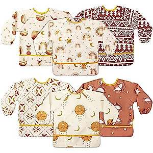 Jeyiour 6 Pack Long Sleeve Baby Bibs Mess Proof Bib Washable Feeding Bib Waterproof Smock Bib for Infant Toddler 6-24 Months(Boho Style)