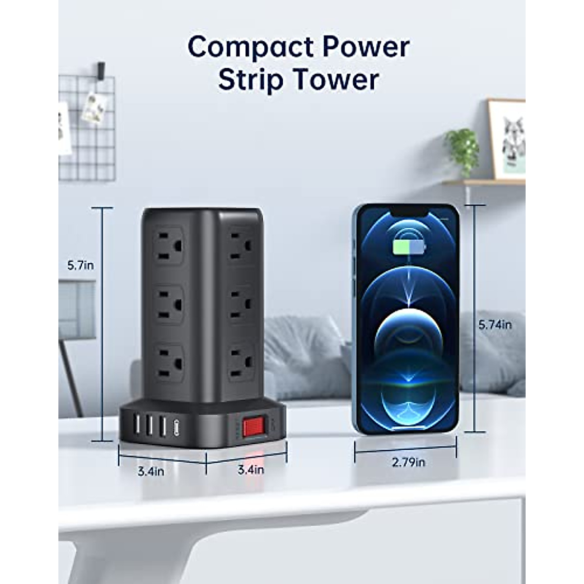 AnnTane Surge Protector Power Strip 10 FT Cord, Power Strip Tower with 4 USB Ports (1USB C), Extension Cord with 12 AC Multiple Outlets, Home Office Supplies Desk Accessories, Dorm Room Essentials