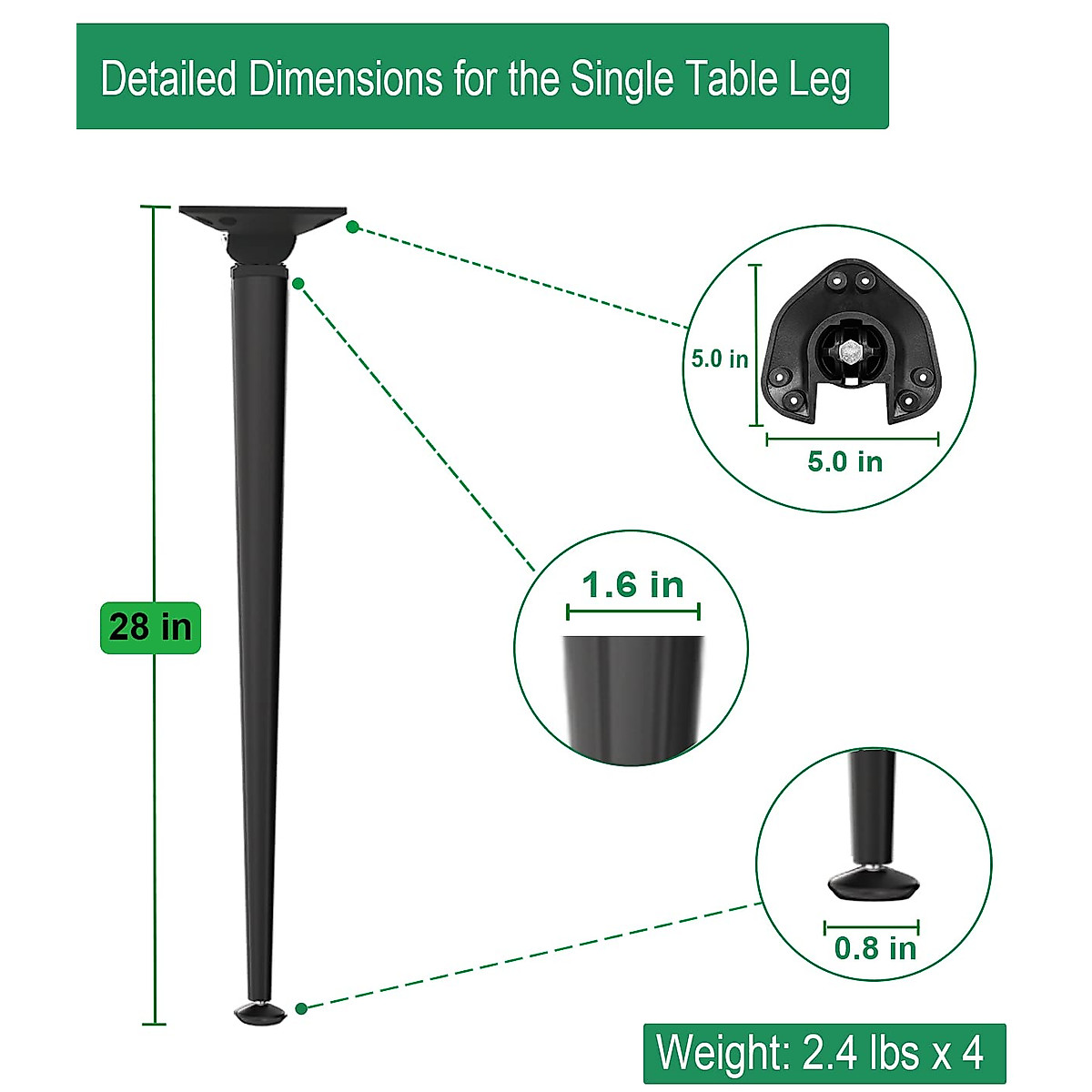 waaliji 28 inch Folding Table Legs Collapsible Metal Home DIY Furniture Legs Foldable Desk Leg with Adjustable Floor Protectors for Round or Square Table, Matte Black, Set of 4