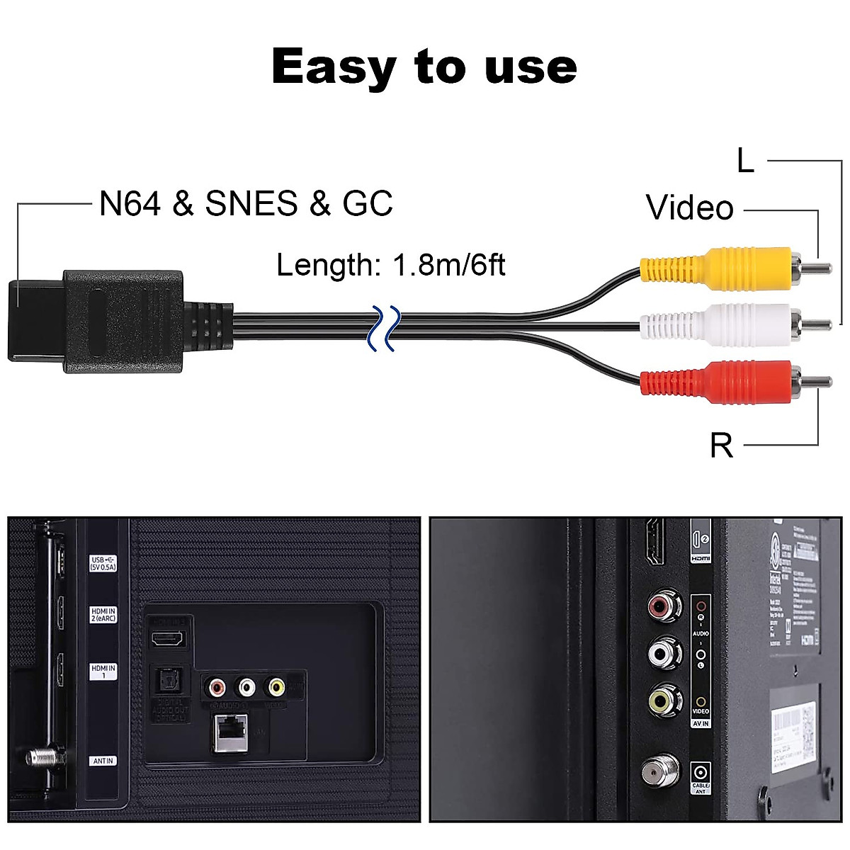 Aokin Audio Video AV Cable Cord for Nintendo 64 N64, Super Nintendo SNES, Gamecube GC, 1.8M/6FT