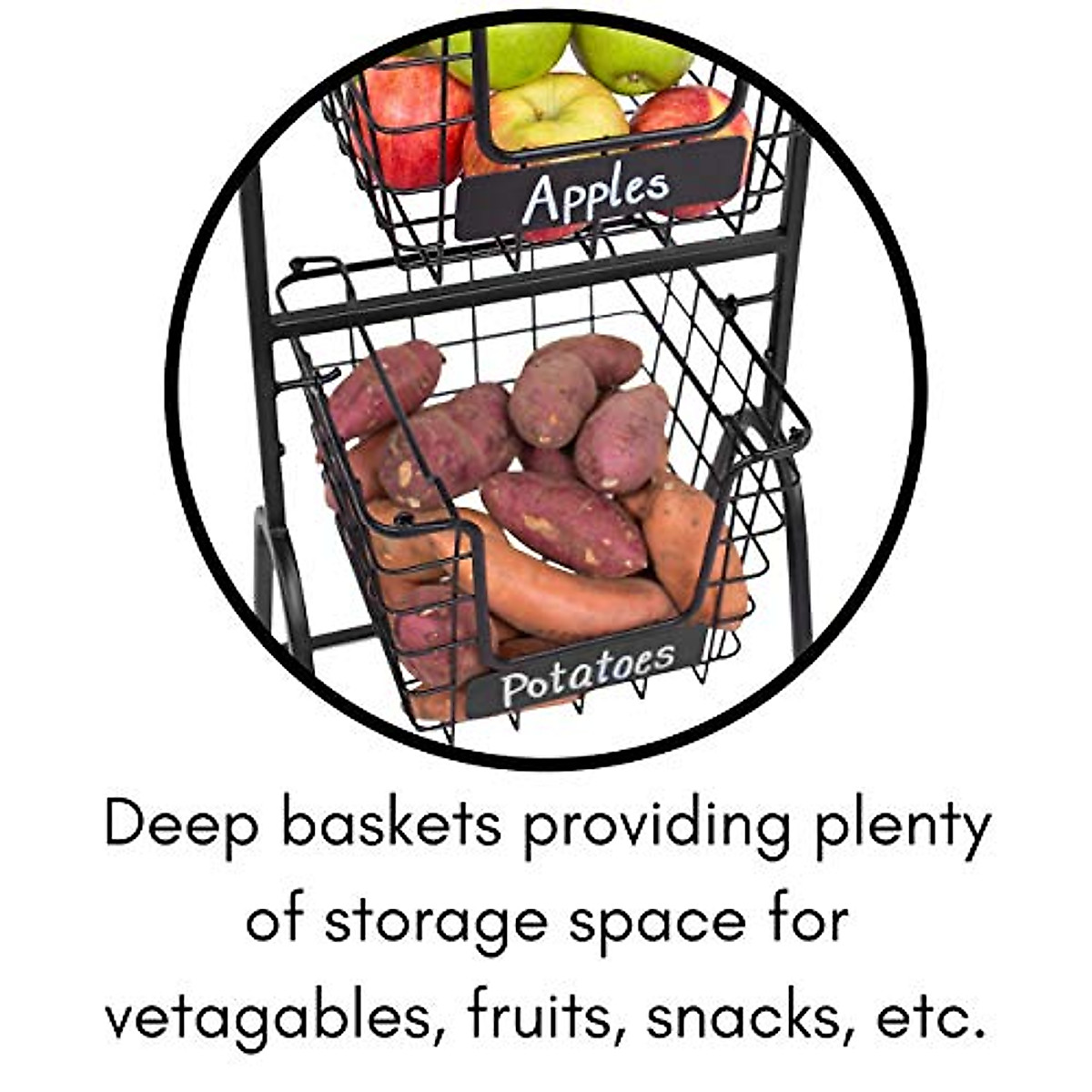 BIRDROCK HOME 3-Tier Wire Market Basket Stand with Chalk Label - Snack Fruit Vegetable Produce Metal Hanging Storage Bin for Kitchen Pantry - Free-Standing or Stacking Organizer - Black