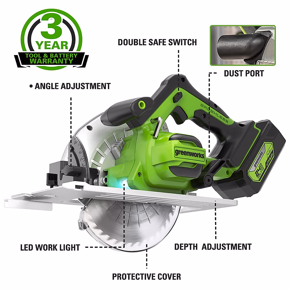 Greenworks 24V Brushless 7-1/4-inch Circular Saw with 24V Battery Charger and 24V 4Ah USB Battery