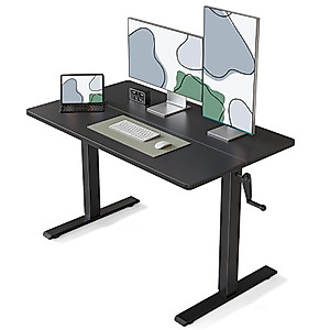 FEZIBO Crank Height Adjustable Desk, 48 Inches Manual Standing Desk, Writing Table with Handle, Home Office Desk with Black Frame/Black Table Top
