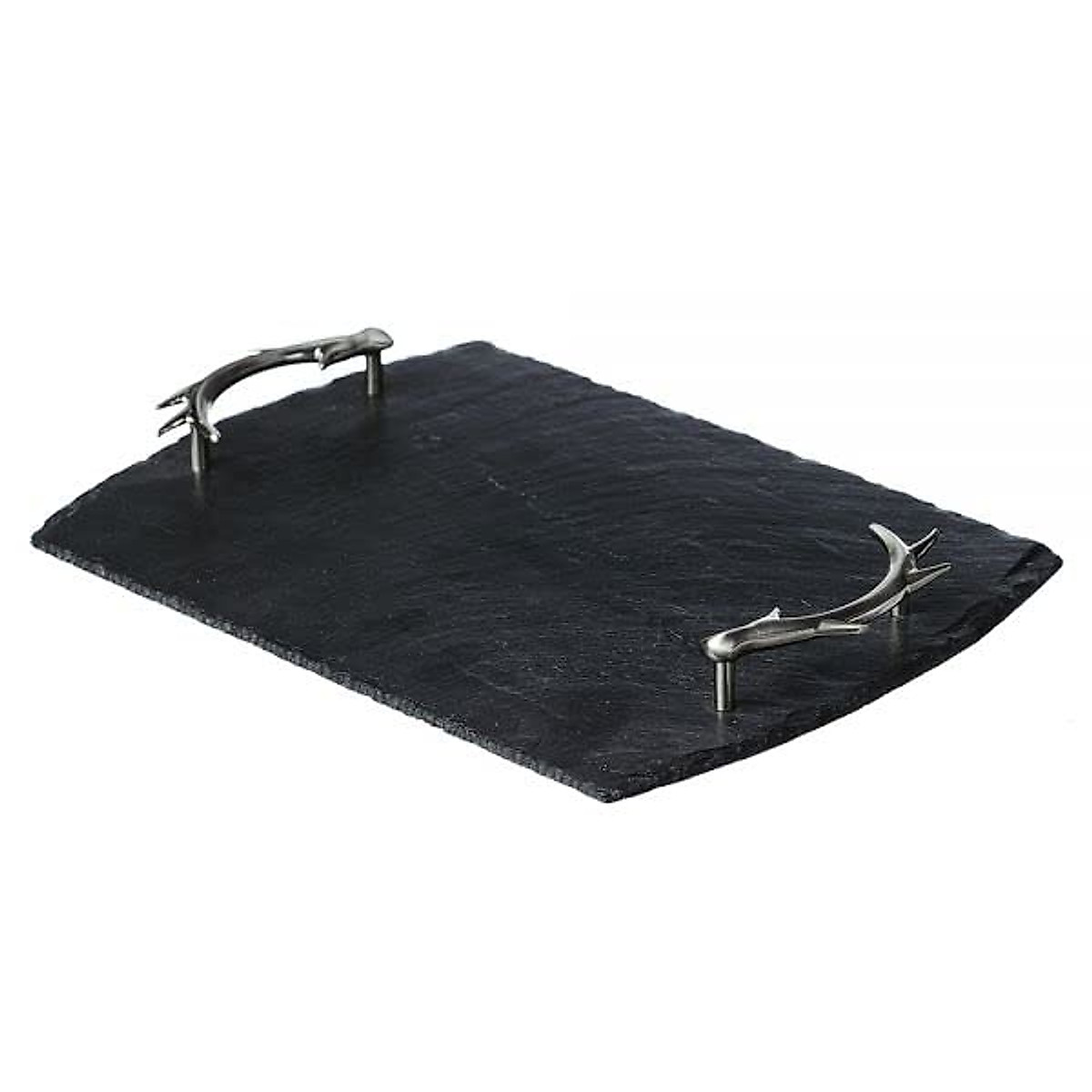 The Just Slate Company Handcrafted Slate Rounded Rectangle Serving Tray, Stainless Steel Antler-Shaped Handles, Medium