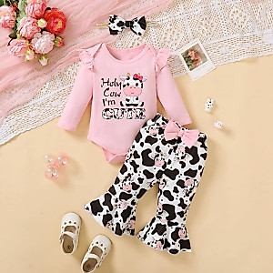 Detigee Baby Girl Cow Print Outfit Newborn Coming Home Bodysuit Baby Bell Bottom Outfit (Black,0-3 Months)