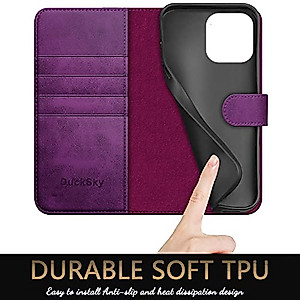 DuckSky for iPhone 14 Pro 6.1" Genuine Leather Wallet case 【RFID Blocking】【4 Credit Card Holder】【Real Leather】 Flip Folio Book Phone case Protective Cover Women Men for Apple 14Pro 5G case Purple