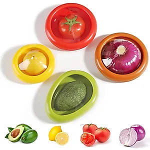 4 Pcs Vegetable and Fruit Storage Containers for Fridge, Refrigerator Vegetable Crisper Makes Food Stays Fresh Longer, BPA Free & Reusable, Ideal Avocado Lemon Tomato and Onion Keeper/Saver/Holder (A)