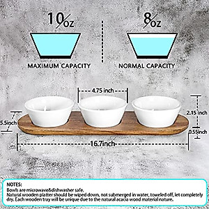 Artena 10oz Ultra-fine Porcelain Chips and dip Serving Platter with Acacia Wooden Tray, 4.75inch White Dipping Bowls,Small Serving Bowls for Condiments, Side Dishes, Pre, Dessert, Salsa, Entertaining