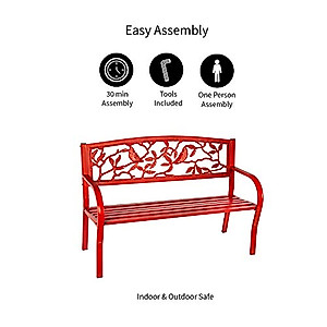 Evergreen Garden Patio and Outdoor Seating Cardinal Metal Garden Bench in Red 50 x 33 x 21 Inches - Decorative and Durable Weather Resistant Outdoor Chair Seat for Home and Garden