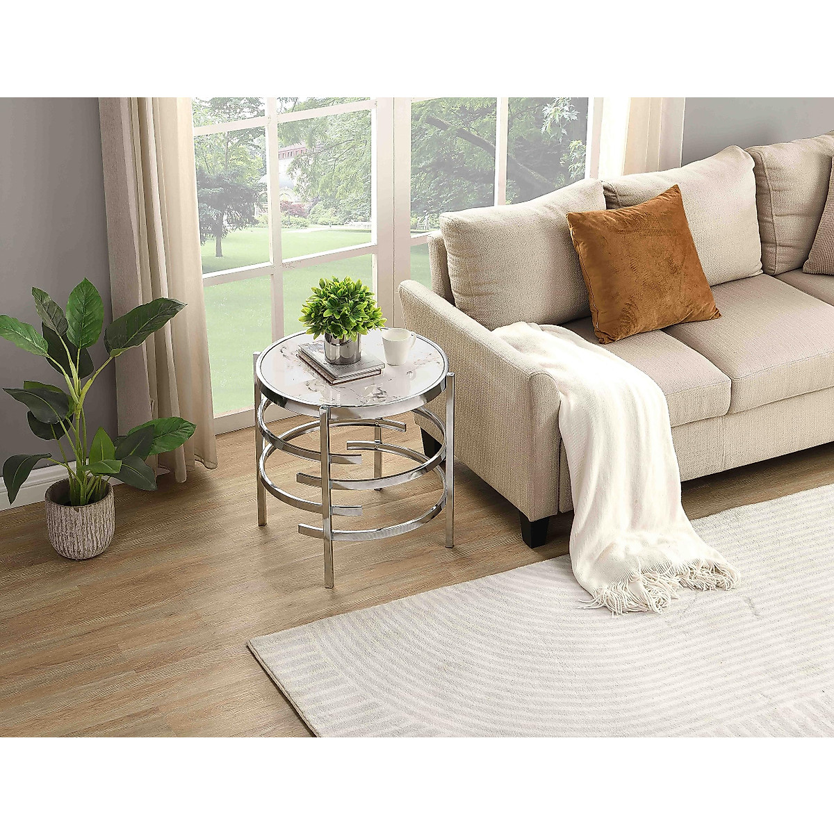 Round End Table Marble Stone Living Room Table Silver Modern Small Coffee Table Sofa Side Table, Silver Chrome Metal Frame, Furniture for Home Office (end table, Silver)