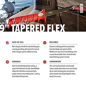 Bubba 9 Inch Tapered Flex Fillet Knife with Non-Slip Grip Handle, Full Tang High Carbon Stainless Steel Titanium Coated Non-Stick Blade, Lanyard Hole and Synthetic Sheath for Fishing
