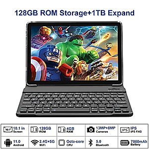 2023 Newest 2 in 1 Tablet, 10 inch Tablet, 128GB Storage, 1TB Expand, 8 Core Android Tablet, Dual Camera 13MP, 2.4G/5G WIFI Tabelt, IPS FHD, with Stylus, Keyboard, Case, BT5.0, 7000mAh Battery, GPS