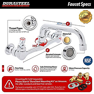Kitchen Sink No Lead Faucet - DuraSteel 8" Center Wall Mounted Commercial Kitchen Sink Faucet with 6" Swivel Spout - NSF Certified - Dual Lever Handles - Brass Constructed & Chrome Polished