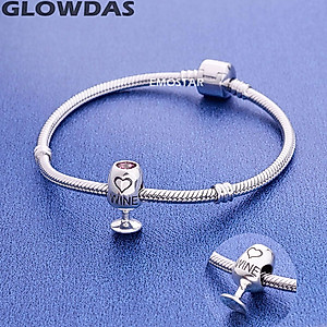 Wine Glass Cup Charms fit Pandora Valentines Day Bracelet, 925 Sterling Silver Wine Bottle Beads with Red CZ, Cocktail Goblet Charm, Birthday Gifts for Wedding/Nana/Wife/Couple