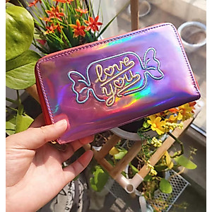 NC Slim Pink wallets for Girls Women, Cute Holographic Luminous Zipper Card Holder Cellphone Handbag Clutch Purse Wallet for Little Girls