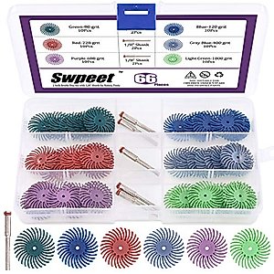 Swpeet 66Pcs 1 Inch 6 Mixed Grit 80/120/220/400/600/1000 Radial Bristle Disc Abrasive Brush Gap Polishing Pad Buffing Wheel Assortment Kit with 1/8" Shank for Rotary Tools Cleaning Finishing Deburring