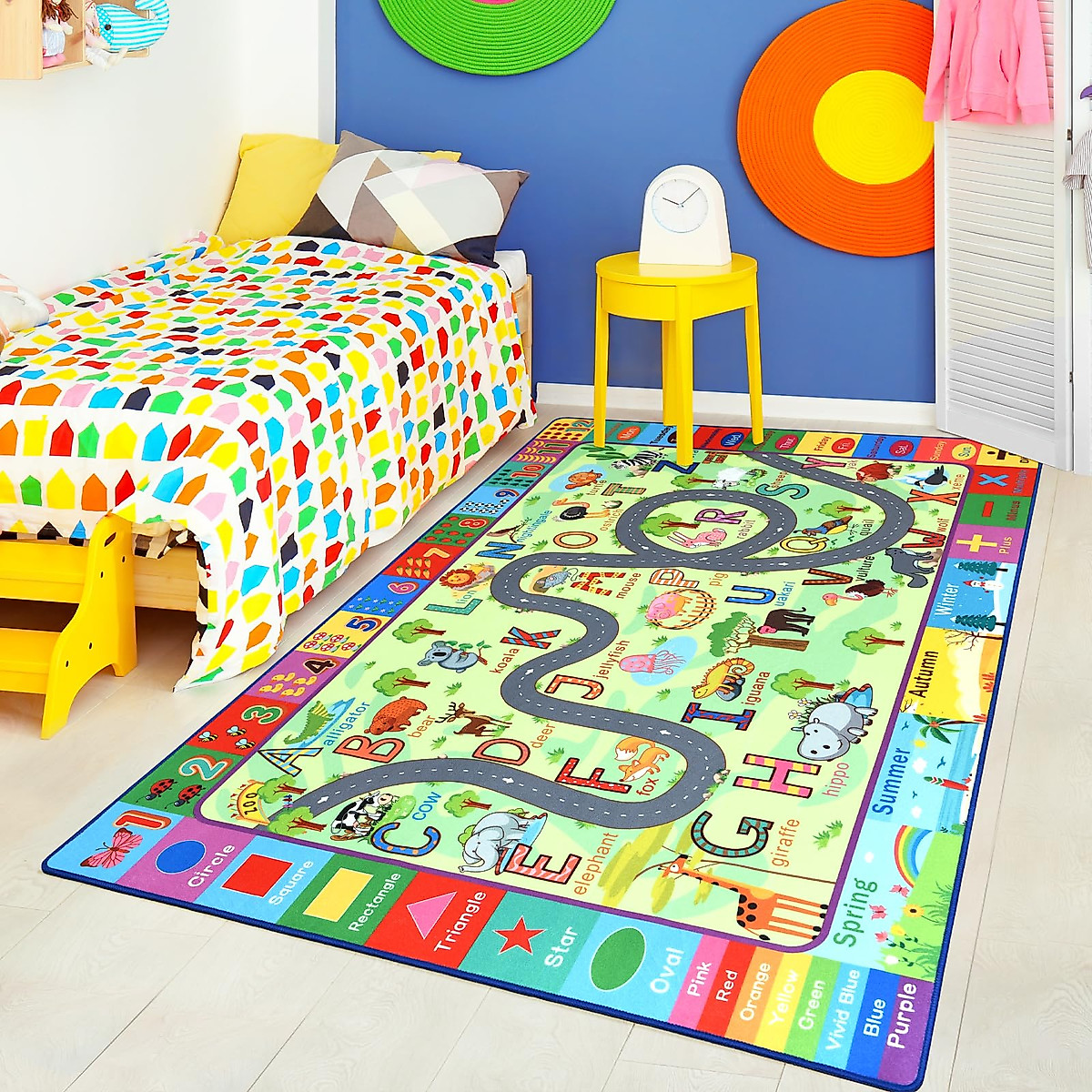 Terrug Kids Rugs for Playroom, Educational Classroom Rug for Kids Room, Washable Nursery Rug Carpet Non Slip Playroom Rug Play Mat for Learning ABC Rug, Numbers, Animal, Colors, Season, 4X6 Feet
