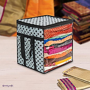 PrettyKrafts XL Saree Cover / sari organizer with handles and transparent front ( 15*12*15 In),(Pack of 4), Grey Dots