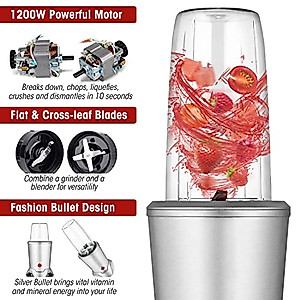 1200W Personal Bullet Blender for Shakes and Smoothies, Regenerate Nutri Aluminum Large Capacity Mixer with Blending & Grinding Blades for Kitchen, Tritan 34+17 Oz Travel Bottles for Fruits, Vegetables, Coffee, Countertop, Silver