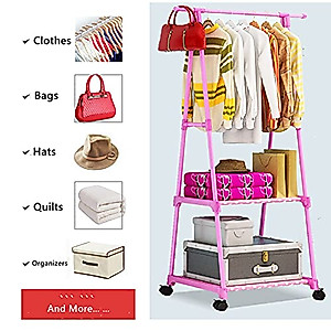 YISONHO Clothes Rack, Garment Rack with Removable Wheels Two-Tier Shelf Clothes Organizer Hanging Handy Storage (Pink)