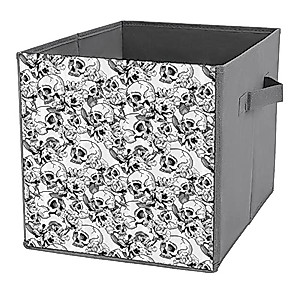 Mexican Spanish Sketch Dead Skulls Foldable Storage Bins Printd Fabric Cube Baskets Boxes with Handles for Clothes Toys, 11x11x11