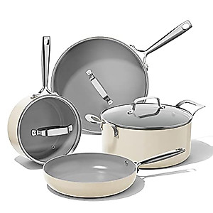 JEETEE Ceramic Cookware Set, White Pots and Pans Set Nonstick,7 PCS Kitchen Induction Sets, PTFE & PFOA Free, Oven Safe, Compatible with All Stoves- Cream