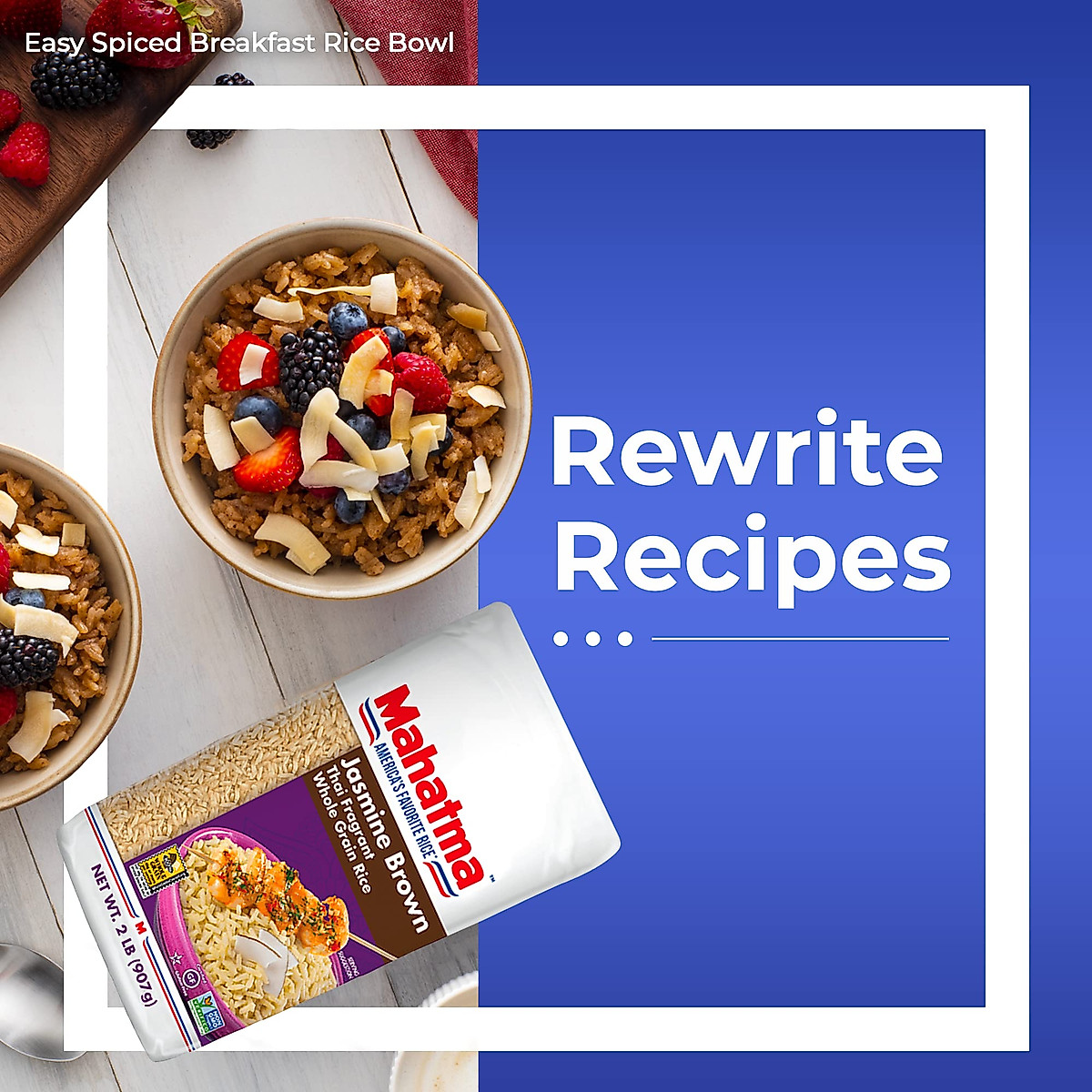 Mahatma Brown Jasmine Rice Bag 2lb, Brown Thai Jasmine Rice, Microwave Rice in 20 Minutes or Cook on Stovetop in 30 Minutes