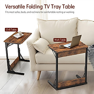 Tatub 24" Folding C Shaped End Table, Small Sofa Side Laptop Desk, Couch TV Tray Table for Living Room, Bedroom, Rustic Brown