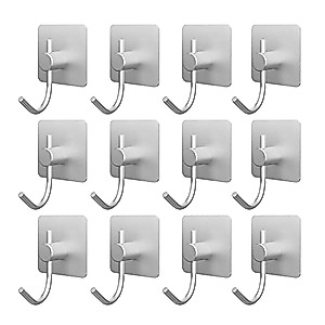 VAEHOLD Adhesive Wall Hooks, Heavy Duty Sticky Holder Waterproof Aluminum Towel Hooks for Hanging Coat, Hat, Towel, Key, Clothes, Closet Hook Wall Mount for Kitchen, Bathroom, Office (12, Silver)