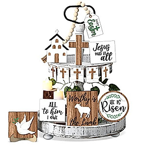 15 Pcs Easter Tiered Tray Decor Set, Table Top Decor Farmhouse Wooden Block Signs Wood Cross Decor with LED String Lights for Easter Home Kitchen Decorations