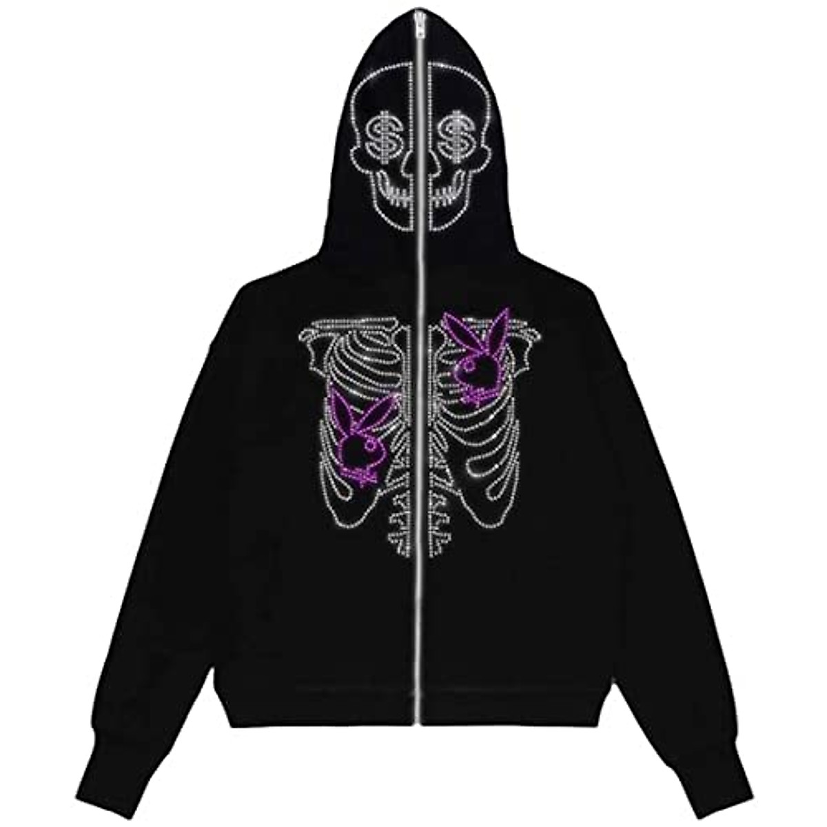 Pandolah Skeleton Hoodie Unisex Halloween Costumes Skull Gothic Zip up Y2K Fashion Jacket for Men Women(2XL,Purple)