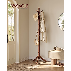 VASAGLE Solid Wood Coat Rack and Stand, Free Standing Hall Coat Tree with 10 Hooks for Hats, Bags, Purses, for Entryway, Hallway, Rubberwood, Dark Walnut URCR03WN