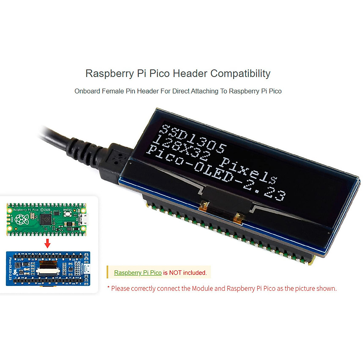 2.23inch OLED Display Module for Raspberry Pi Pico, 128×32 Pixel,4-Wire SPI/I2C Interface, 3.3V/5V Operating Voltage